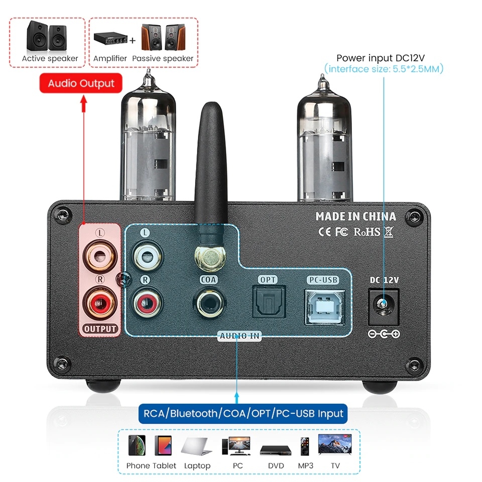TUBE-T10 T10 Wireless Bluetooth Receiver/Streamer, Coaxial / Optical / USB DAC & Tube ...